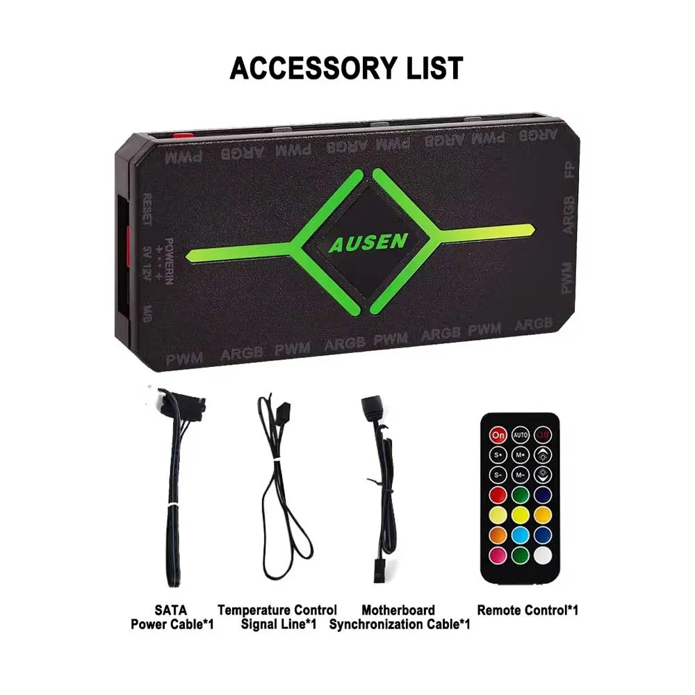 Ausen ARGB Fan & PWN 9 Ports Hubs with remote control ( 5V 3 Pin ARGB + 4 Pin PWN )