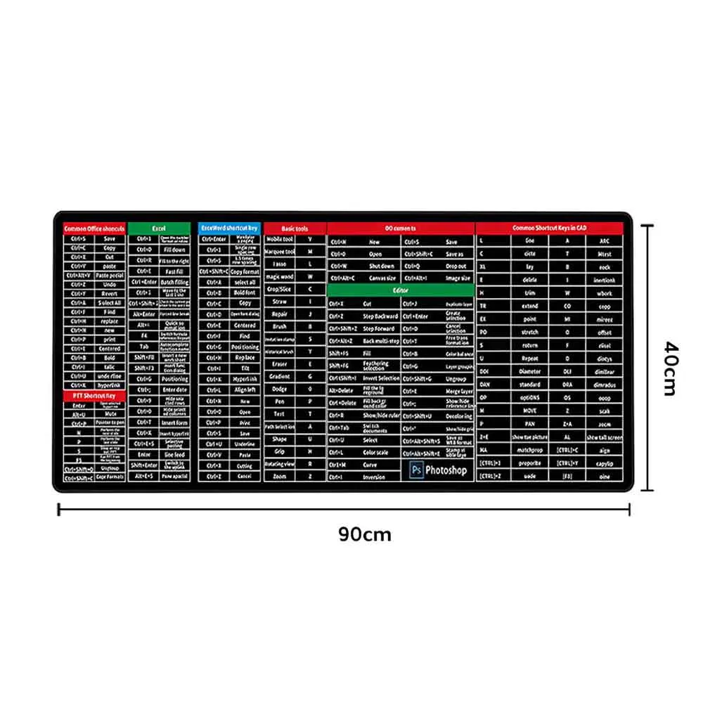 English Shortcut Key Mouse Pad 40x90cm Large Gaming Mouse Pad - Black